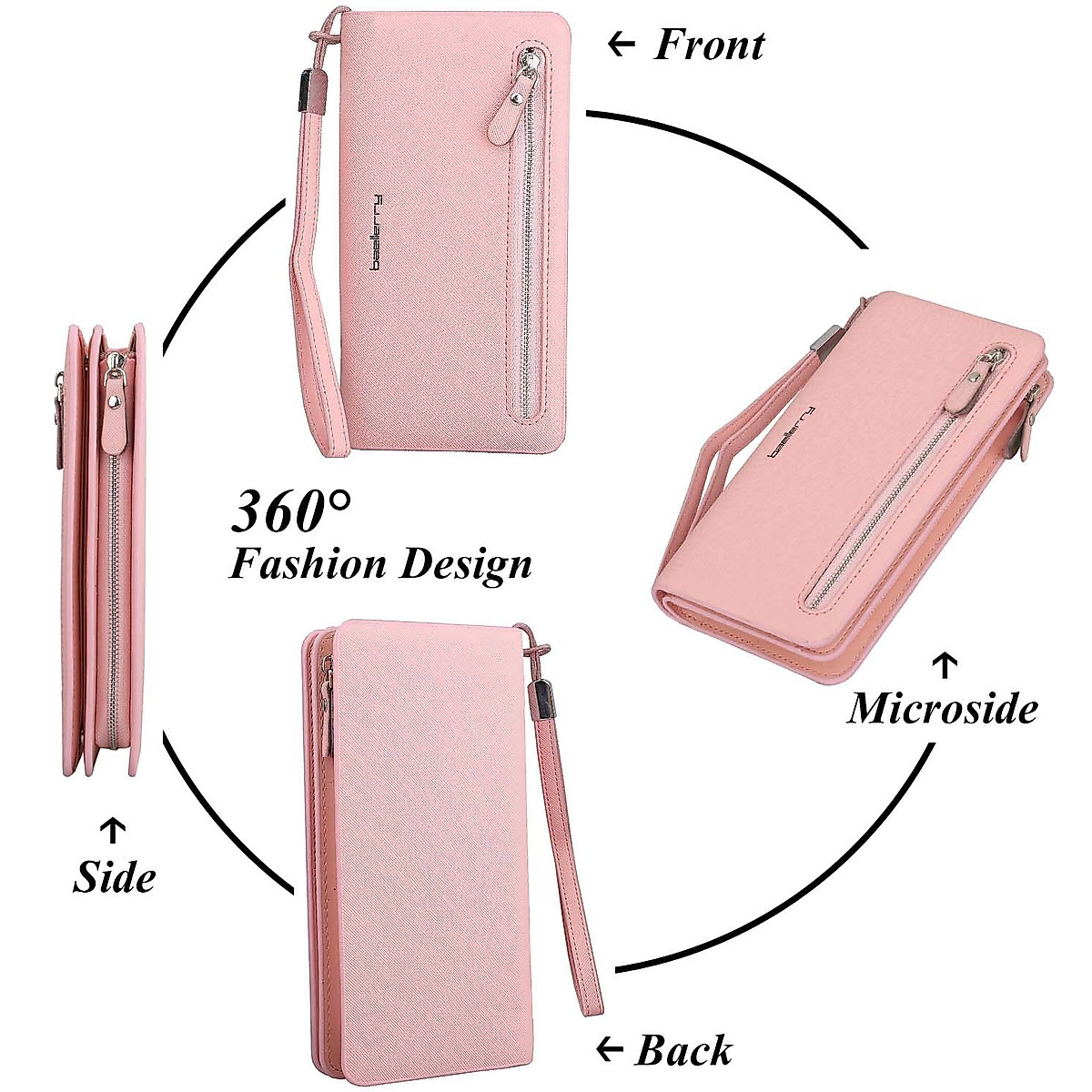 Women’s Long PU Leather Wallet with Credit Card Holders Money Organizer Zipper Purse Wristlet Handbag (A Pink)