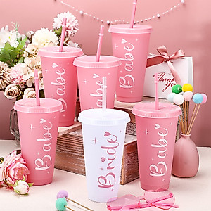 Gerrii Set of 6 Bride and Babe Bachelorette Cups for Bachelorette Party, Bachelorette Cups with Lid and Straw Bridesmaids Reusable Cups with Lids Bride Travel Mug for Wedding Party Gifts Supplies