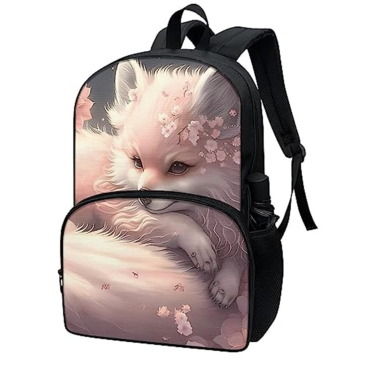 DMOYALA Fox Love Backpack for Girls Boys for School Cute Fox Baby Blossom Pink Backpacks with Water Bottle Pocket 17 inch Canvas Lightweight