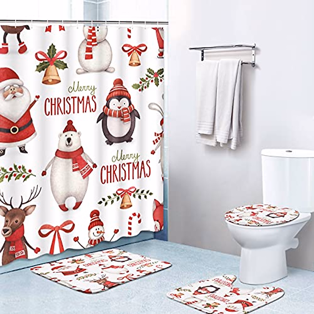 Britimes 4 Piece Shower Curtain Sets with 12 Hooks, Christmas Santa Claus Penguin with Non-Slip Rugs, Toilet Lid Cover and Bath Mat, Durable and Waterproof, for Bathroom Decor Set, 72" x 72"