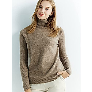 LINY XIN Turtleneck Sweater Women Fall Winter Sweater Long Sleeve Warm 100% Merino Wool Knit Pullover Sweater Tops (Tan,M)