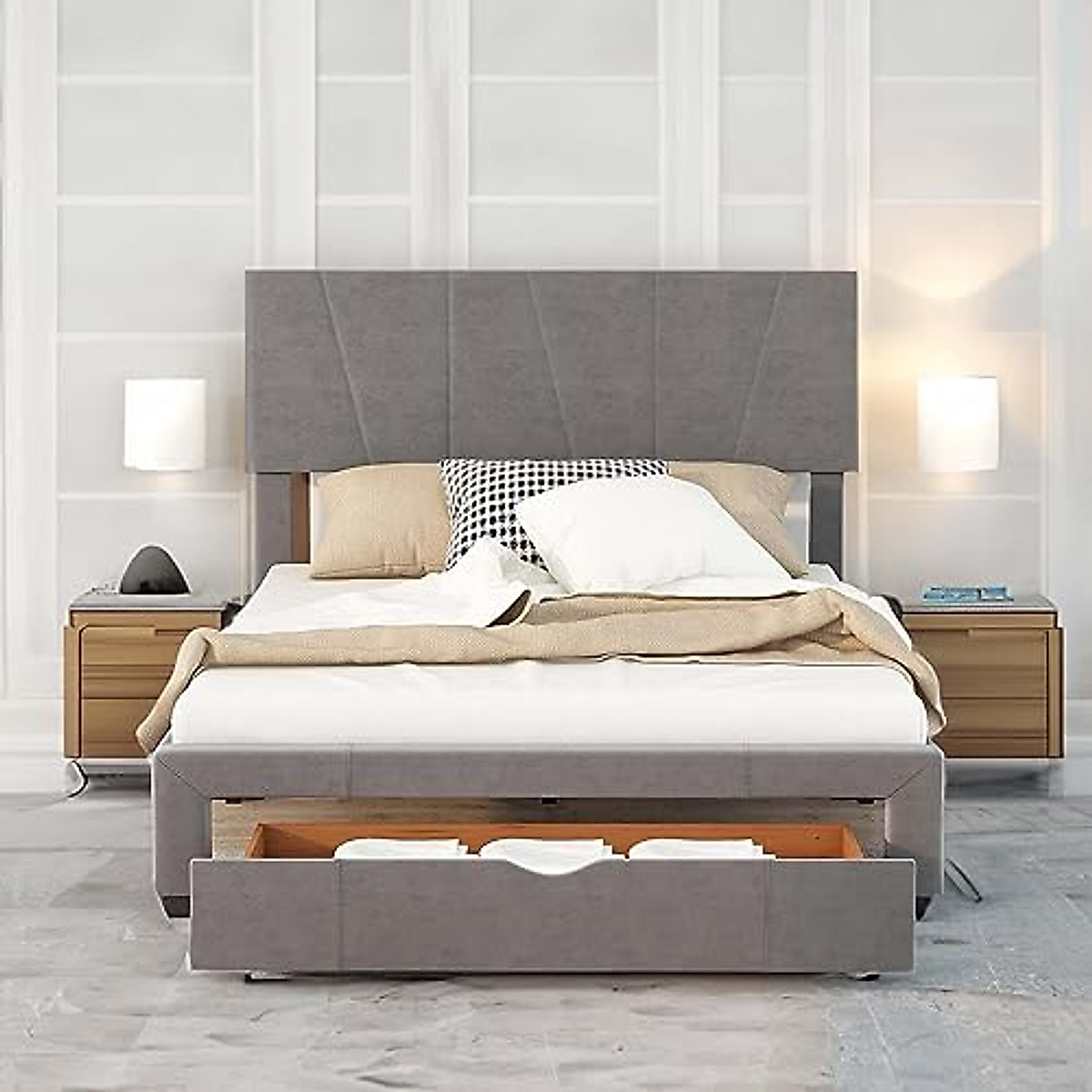 Queen Size Platform Bed Frame with Drawer & Adjustable Headboard, Platform Bed with Sturdy Wooden Slats Support, No Box Spring Needed, for Family Bedroom Small Living Space Boys Girls(Queen, Gray)