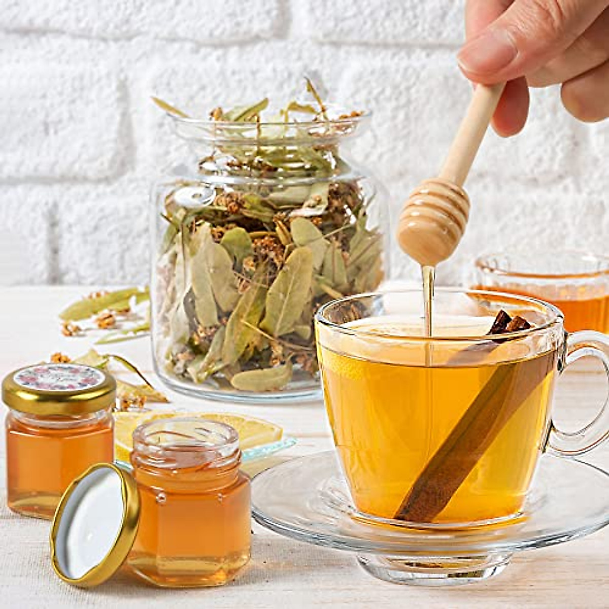 ComSaf Mini Honey Jars with Dipper 1.5oz - 40 Pack, Small Honey Glass Jar with Gold Lid, Tiny Hexagon Honey Jar in Bulk for Baby Shower, Wedding and Party Favors