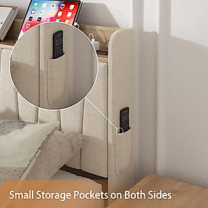 Sismplly King Size Bed Frame, Upholstered Platform Bed with Storage Drawers Headboard and Charging Station, Wooden Slats Support, No Box Spring Needed, Easy Assembly, Beige