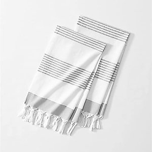 Elrene Home Fashions Boho Harper Stripe Knotted-Tassel Hand Towels, 16 Inches by 30 Inches, Set of 2,Cotton, Gray