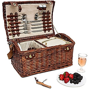 Juvale Large Wicker Picnic Basket, 4 Person Set with Utensils, Outdoor, Insulated Cooler Bag, Plastic Glasses, Plates, Stainless Steel Cutlery, Utensils, Family Size (18 x 12 x 10 in, Brown)