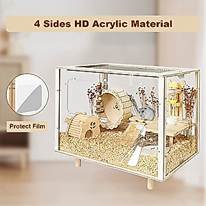Cawuwe Wooden Hamster Cage Large for Small Animal Habitat for Rabbits Guinea Pigs Chinchillas Syrian Hamsters Home with Acrylic Transparent Board Oblique Opening Hamster Play House