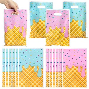 ArowlWesh Ice Cream Party Favor Bags - 50Pcs Plastic Sweet Ice Cream Candy Treat Gift Bag with Handles Cute Snack Goodie Bags Summer Ice Cream Theme Birthday Party Supplies Baby Shower Wedding Decor