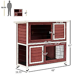 PawHut 48" 2-Story Wooden Rabbit Hutch Elevated Bunny Cage Small Animal Habitat Guinea Pig House with Ramp, No Leak Tray and Weatherproof & Openable Top, Outdoor/Indoor