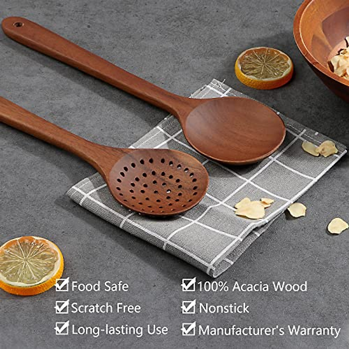 Acacia Wooden Utensils Set 4 Pcs,Nonstick Wooden Kitchen Utensil Set,Wooden Spoon Set inicluding Spoon,Skimmer,Spatula,Turner(4 pack)