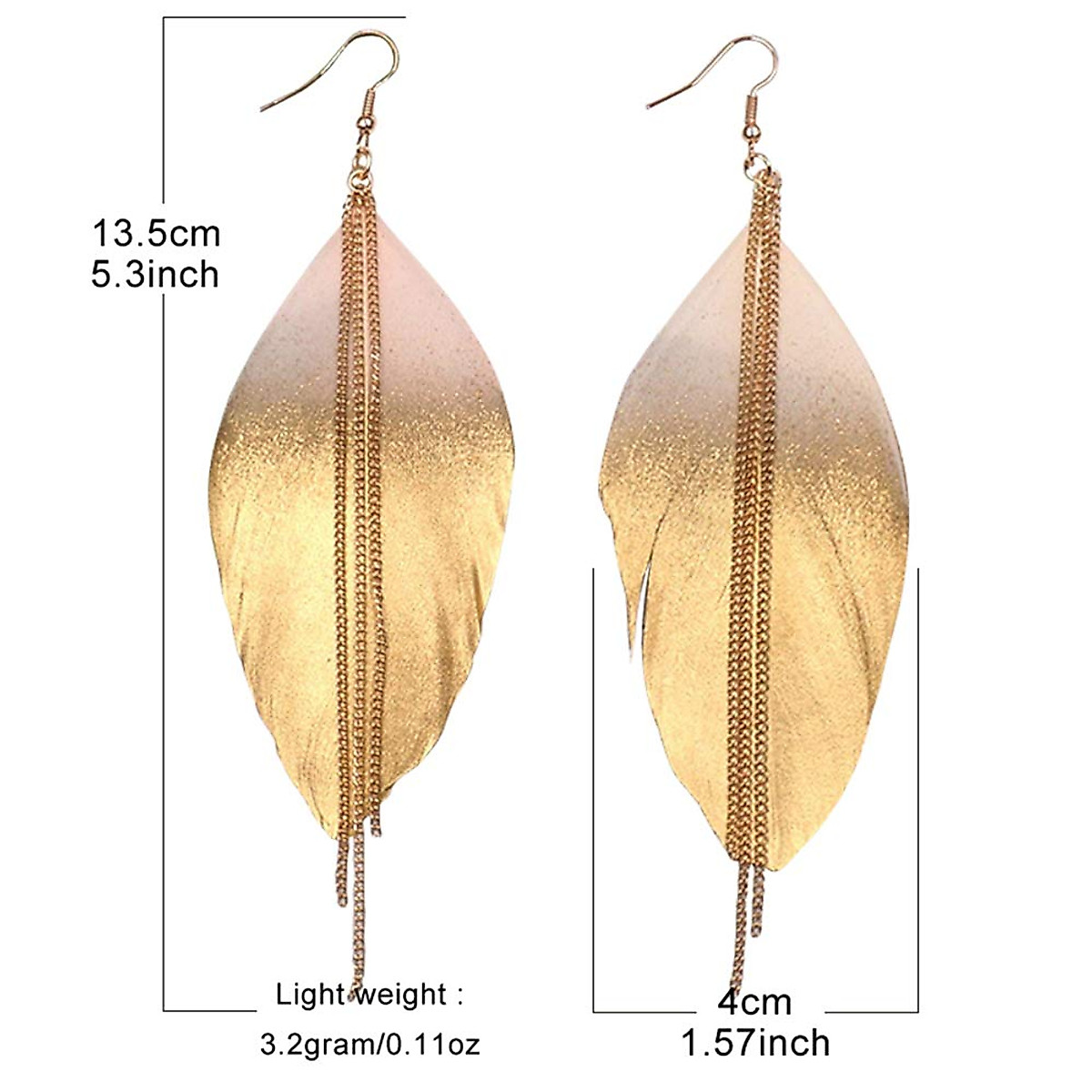 Chic handmade eye catching brilliant shine light weight boho nature feather earrings for women (White)