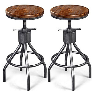 LOKKHAN Set of 2 Industrial Bar Stool-Vintage Adjustable Round Wood Metal Swivel Bar Stool-Cast Iron-23-30 Inch Tall Counter Bar Height Farmhouse Kitchen Stools