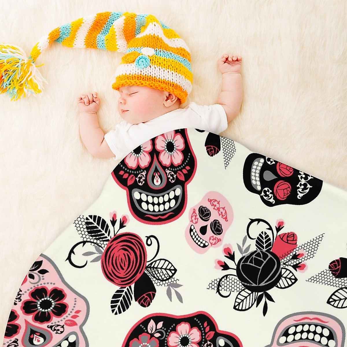 LAKIMCT Pink Sugar Skull Flower Round Soft Baby Blankets for Boys Girls, Newborn Blanket for Suitable for Swaddling Sleep Stroller Cover Nursery Blanket, 35 Inch
