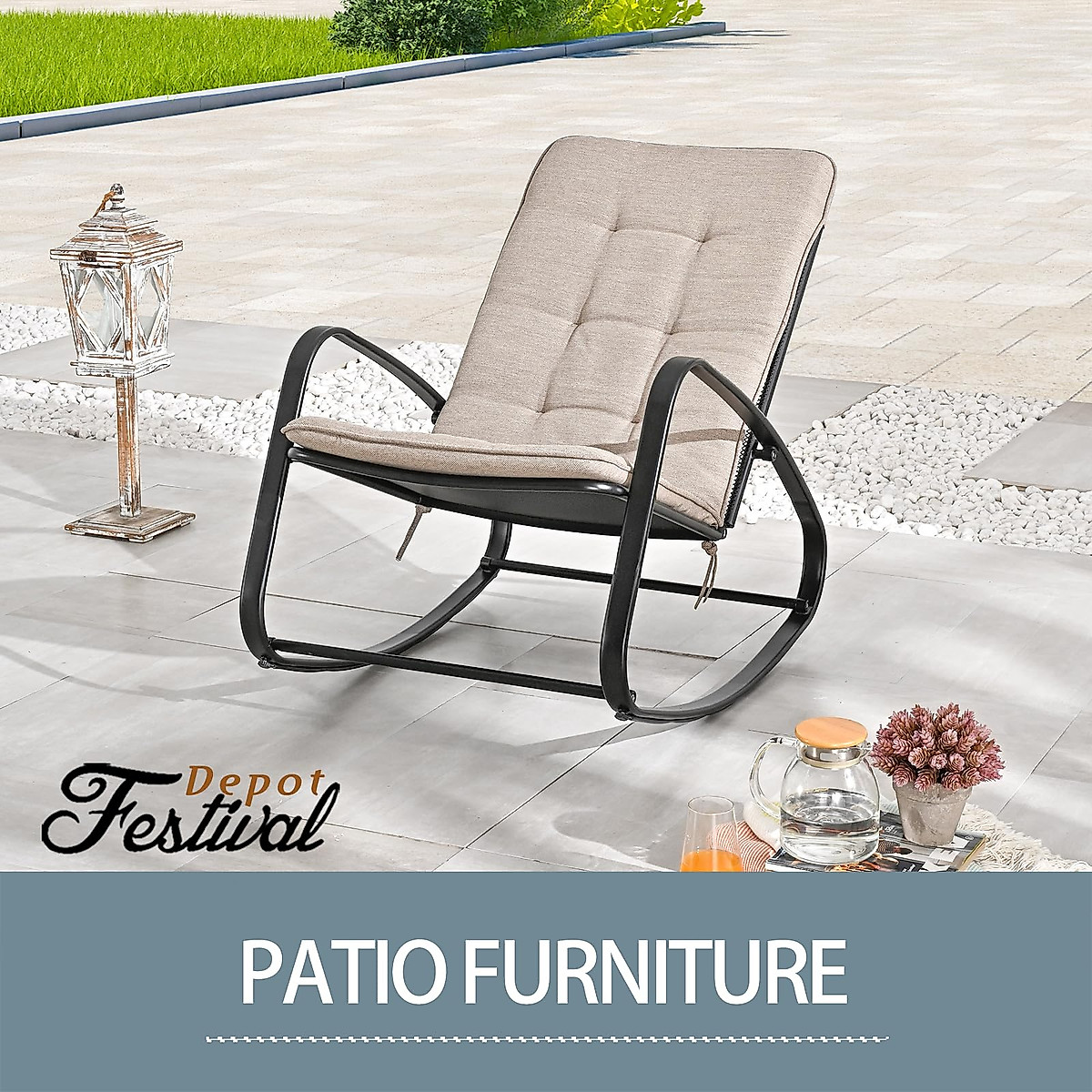 Festival Depot Patio Upholstered Rocking Chair Lounge Chairs Living Room Sofa Glider Rocker Chair w/Metal Frame Removable Cushion High Back Widened Seat Best Comfy Modern Portable