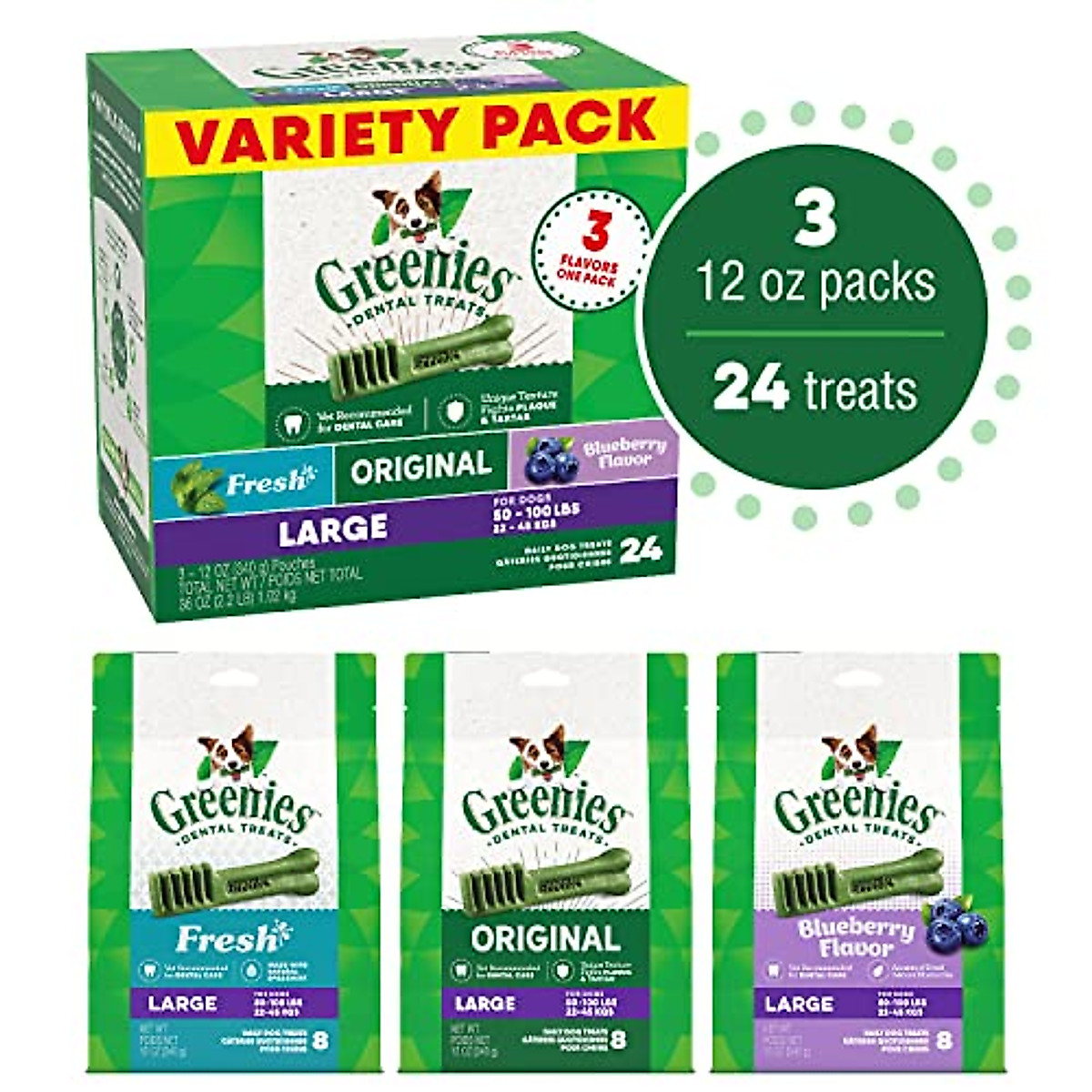 Greenies Large Natural Dental Care Dog Treats, 36 oz. Variety Pack, 3 Packs of 12 oz. Treats