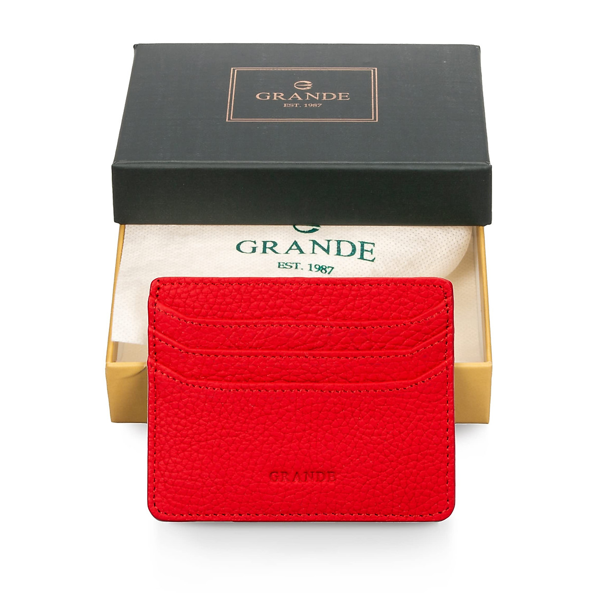 grande 3633 Genuine Leather Card Holder For Women and Men Super Slim Minimalist Small Snap Wallet (Red)