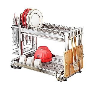 Dish Drying Rack, Stainless Steel Dish Rack, Rustproof Dish Drainers for Kitchen Counter, Multifunctional 2 Tier Dish Drainers Organizer with Drainboard & Utensil Holder