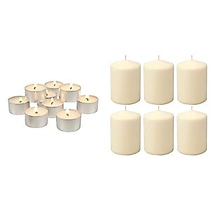 Stonebriar Long Burning Tea Light Candles, 6 to 7 Hour Extended Burn Time, White, Unscented, Bulk 200-Pack (SM-TL200) & 35 Hour Long Burning Unscented Pillar Candles, 3x4, Ivory