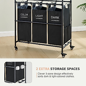 Gewudraw Laundry Sorter Cart with Hanging Rack, 3 Section Laundry Hamper Basket Butler Cart with 2 Tier Shelf, Rolling Lockable Wheels
