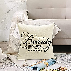 Farmhouse Pillow Covers 18x18 She's Beauty,She's Grage She'll Peck You in The Face Cotton Linen Throw Pillow Covers Decorative Home Decor Square She's Beauty Cushion Case for Couch
