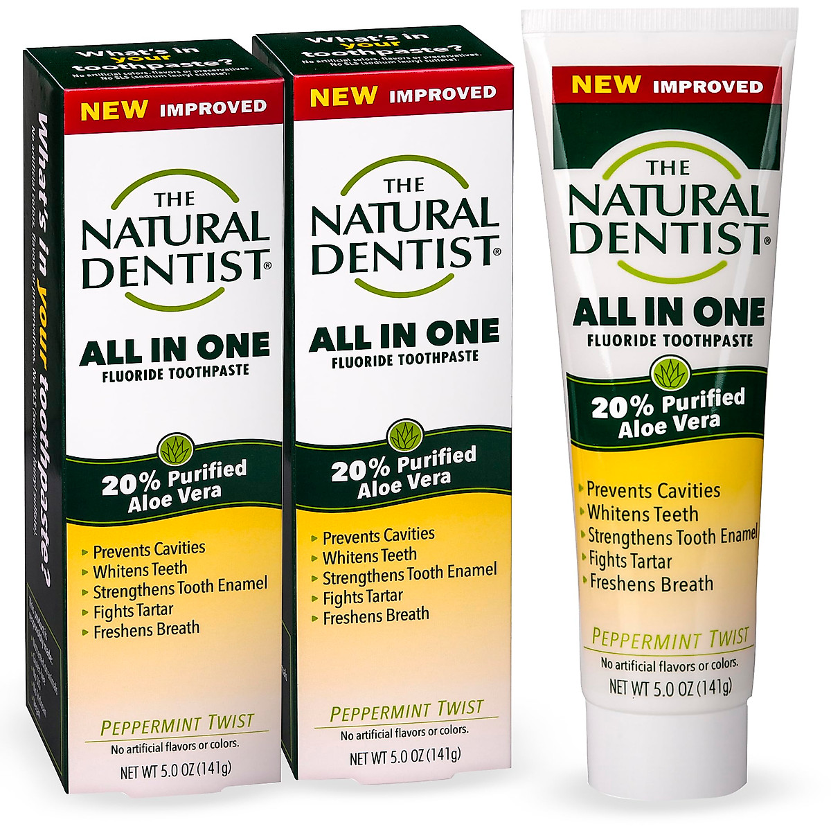 The Natural Dentist All In One Fluoride Toothpaste, 20% Purified Aloe Vera, Prevents Cavities, Whitens Teeth, Strengthens Tooth Enamel, Removes Plaque, Freshens Breath, Peppermint Twist, 5oz Tube 2 ct