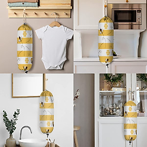 Cute Bee Plastic Bag Holder, Honeybee Honeycomb Grocery Bag Storage Holder Garbage Shopping Bag Trash Bags Organizer for Kitchen Home