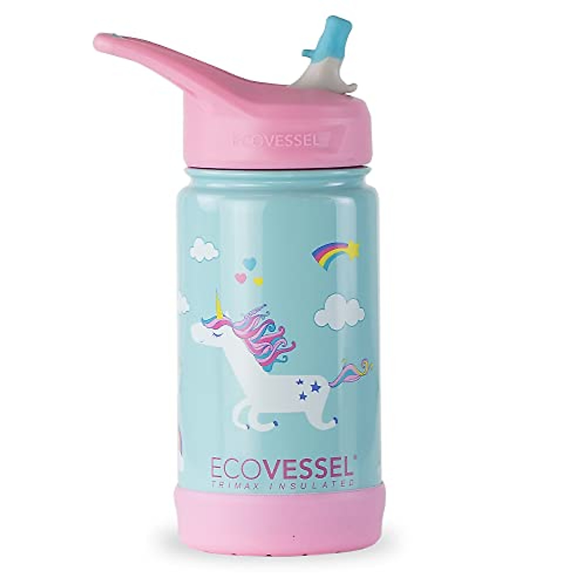 EcoVessel FROST Stainless Steel Kids Water Bottle with Straw Lid, Leak Proof Bottle with Carry Handle & Bottle Bumper, Kids Water Bottle For School - 12oz (Unicorn)