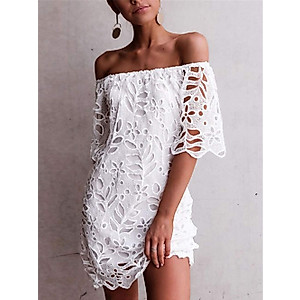 PRETTYGARDEN Women's Summer Off Shoulder Vintage Floral Lace Flare Short Sleeve Loose Elegant Mini Dress (White,Large)