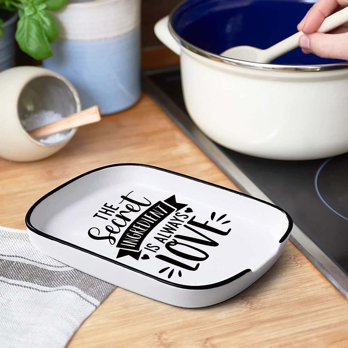 Ceramic Material Spoon Rest The Secret Ingredient is Always Love, Functional Kitchenware Spoon Rest for Kitchen Countertop or Stove Top Gift for Cooking Enthusiasts
