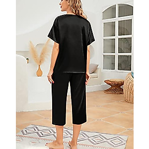 SWOMOG Womens 2 Piece Satin Pajamas Silk Short Sleeve Pjs Sets Capri Bottom Pajama Pants Soft Outfits with Pockets Black