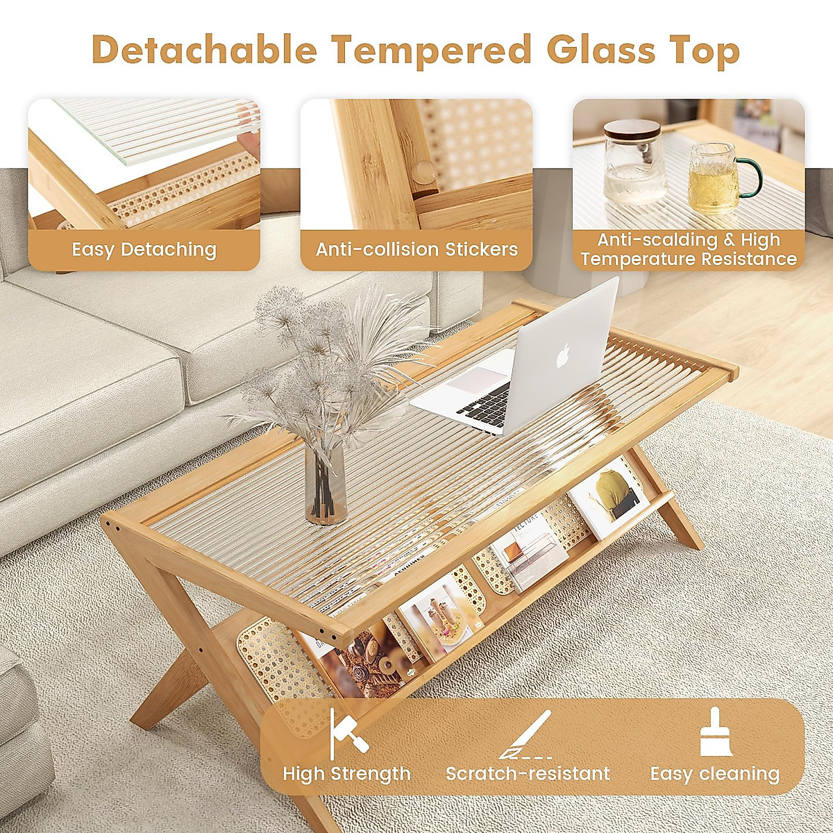 Giantex Boho Rattan Coffee Table, Bamboo Center Table W/Handwoven Rattan Rack & Tempered Glass Tabletop, Z-Shaped Design Accent Table for Living Room, Bedroom, 48" L x 19" W