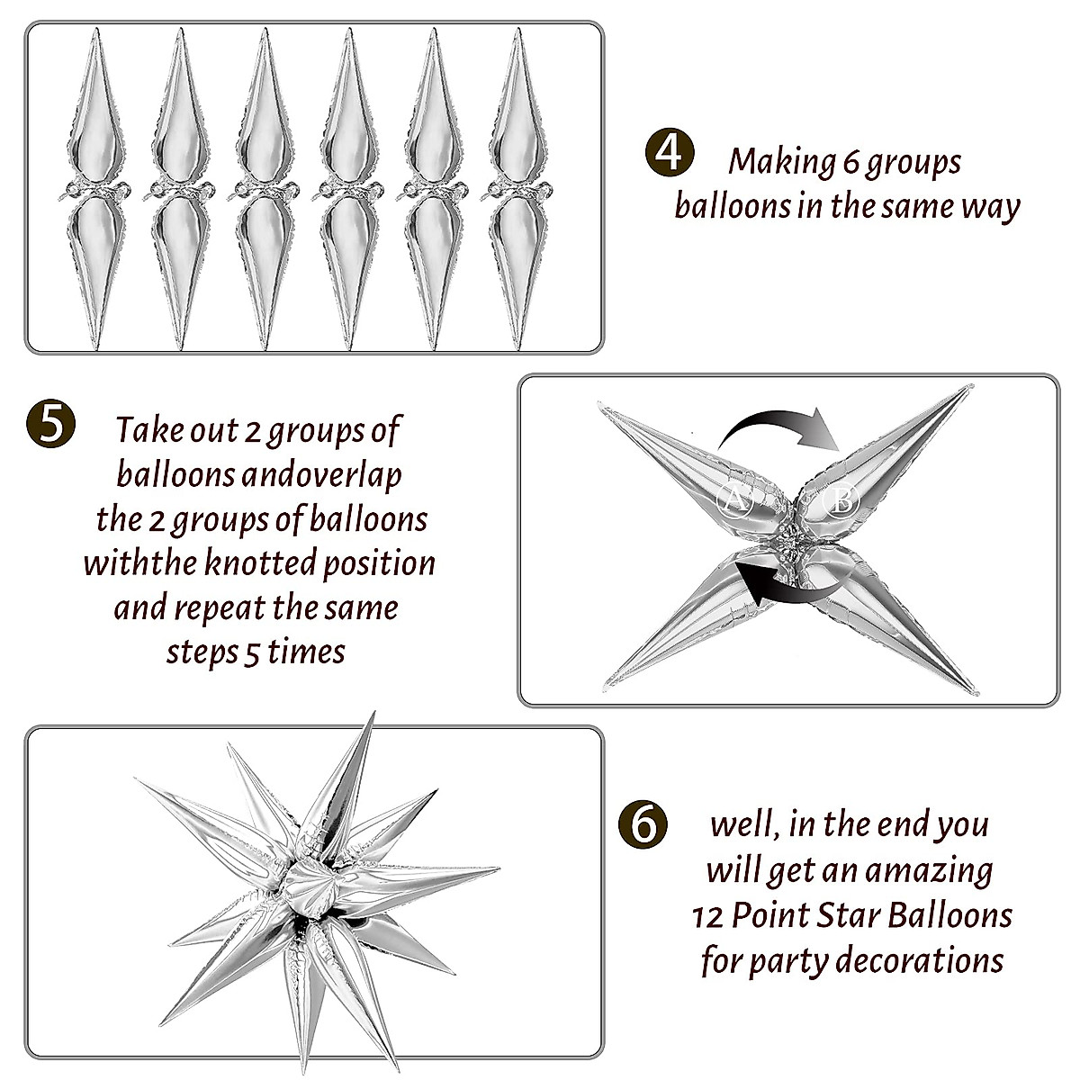 Moukiween 50 Pcs Explosion Star Foil Balloons- 12 Point Star Balloons,Silver Starburst Cone Mylar Balloons Spike Balloons for Party Supplies Christmas Birthday Wedding Baby Shower Photo Booth