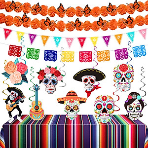 30 Pcs Day of the Dead Decorations Set Altar De Ofrendas Marigold Garland Mexican Banners Serape Tablecloth Skull Hanging Swirl Monarch Butterfly for Dia De Los Muertos Fiesta Party(Orange)