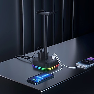 TROND Headphone Stand with USB Charger, Desk Gaming Headset Holder with 3 USB Charging Ports and 3 AC Outlets, RGB Headphone Hanger with 5 Light Modes, for Desk Accessories, Gamer Gifts