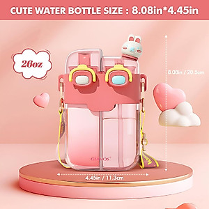 HiGropcore Kawaii Water Bottle Cute Water Bottles with Straw, Double Chamber Water Bottle with Adjustable Strap and Kawaii 3D Stickers, Portable Leakproof Water Jug, 26oz