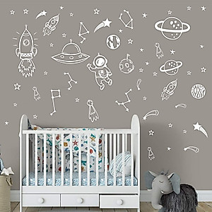 Wall Decor for Boys Room Art Outer Space Star Rockets Planets Stickers Removable Space Wall Decal for Children Bedroom Decoration (White)
