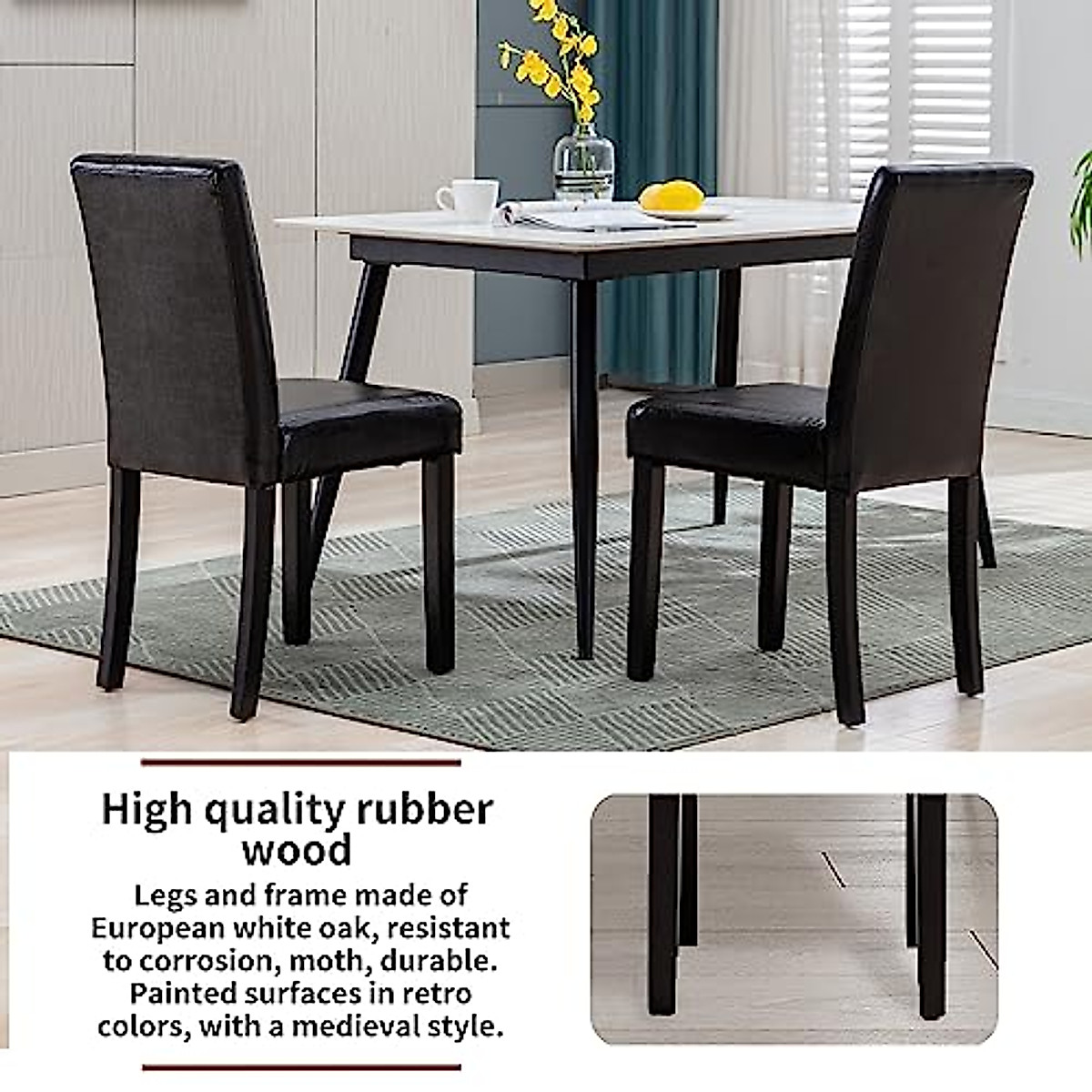 CRECQ Upholstered Dining Chair Set of 2 PU Leather Living Room & Dining Room Chairs,Modern Kitchen Armless Side Parsons Chair with Solid Wood Legs,Black