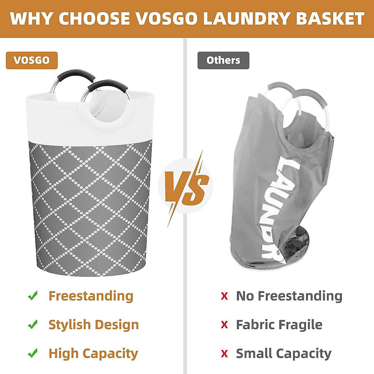 VOSGO Laundry Basket, 2-Pack 82L Waterproof Laundry Hamper, Collapsible Laundry Bag with Comfortable Handle, Large Capacity Storage for College Dorm, Family, Toys, Grey