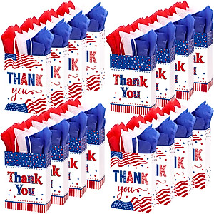 Veterans Day Gift Bags Patriotic Thank You Bags with Handles and Tissue Paper Red White Blue 4th of July Goodie Bags Paper Treat Goodie for Memorial Day Independence Day 16 Pcs