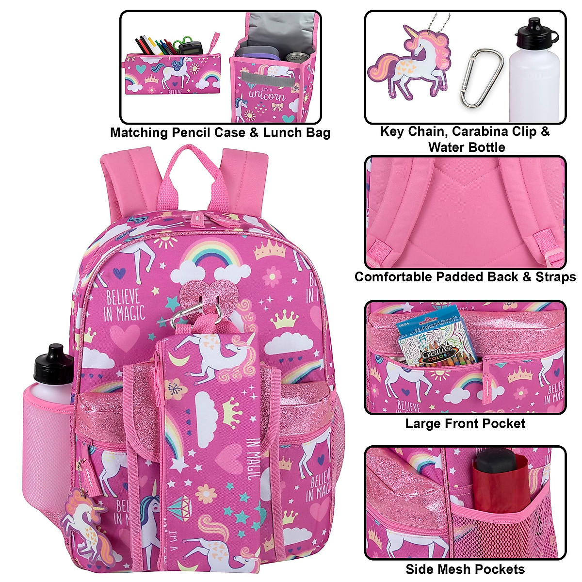 Trail maker Girls 6 in 1 Backpack and Lunch Box Set for School with Pencil Case, Water Bottle, Fidget Keychain Attached for Kids (Magic & Unicorns)