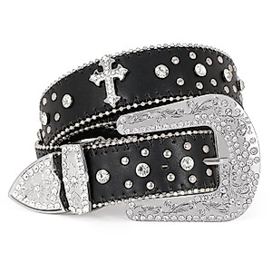 Women Men Rhinestone Belt,Fashion Western Cowgirl Cowboy Bling Studded Cross Leather Belt Diamond Belt for Jeans Dress,Black,S,