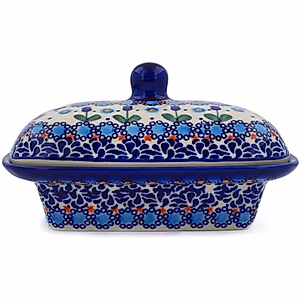 Polish Pottery 7¼-inch Butter Dish (Blue Tulip Garden Theme) Signature UNIKAT + Certificate of Authenticity