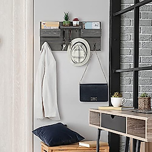 MyGift Wall Mounted Vintage Gray Solid Wood Mail and Key Holder Organizer Rack with Antique Key Hooks, Display Shelf and Letter Storage Bins, Entryway Family Command Center