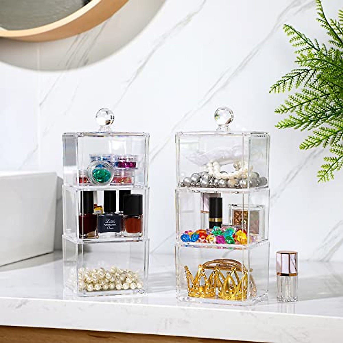 Hair Accessories Organizer for Girls, Stackable Hair Organizer Storage with Lids Acrylic Clear Hair Tie Organizer Bathroom Hair Bow Containers for Girls Headband Scrunchie Makeup Organizing (6 Pieces)