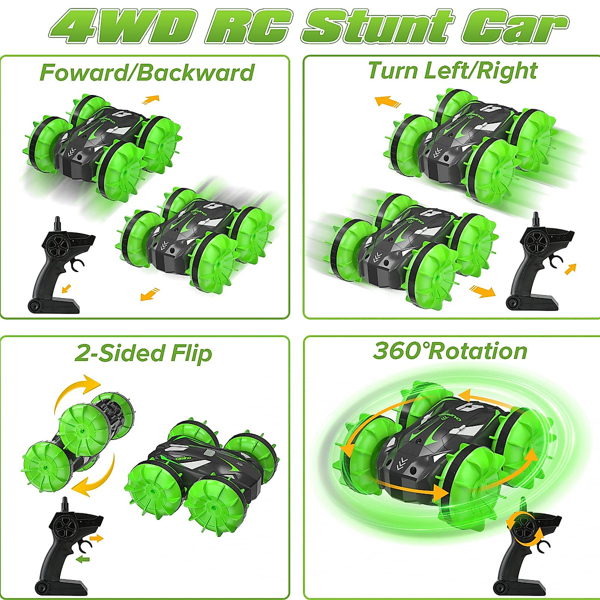 MAVREC Toys Amphibious Remote Control Car, Kids Toys for 6-12 Year Old Boys, 2.4GHz RC Cars with 360° Flip, 4WD Off-Road Waterproof RC Stunt Car, Christmas Birthday Gifts for Kids (Green)