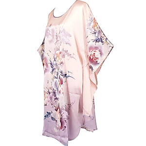 Kwedhonjh lady 100% silk pajamas, bat sleeve bathrobe - floral pattern (Anonymous flower light pink-1)