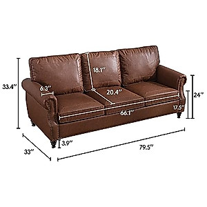 Dreamsir 79'' Traditional Faux Leather Sofa Couch with Nailhead Trim, Classic 3-Seater Couch with Rolled Arm for Living Room, Bedroom, Apartment, Easy Assembly (Coffee)