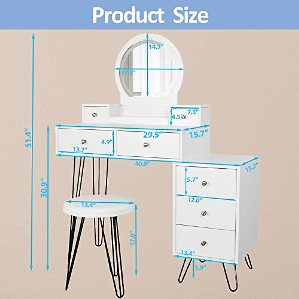 Fameill Makeup Vanity Desk with Lighted Mirror,White Vanity Table Set with Round Mirror,3 Color Touch Screen Dimming Mirror,7 Drawers Bedroom Dressing Table with Soft Cushioned Stool