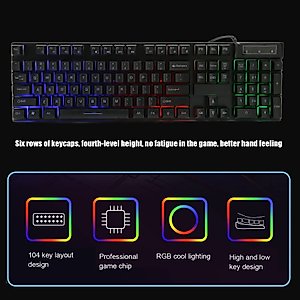 USB Gaming Keyboard, Quick Response Backlit Keyboard 104 Keys Wired One Piece Design High and Low Key Design RGB Lighting Effect for Gaming for Office for Home(H600 black characters-single keyboard)