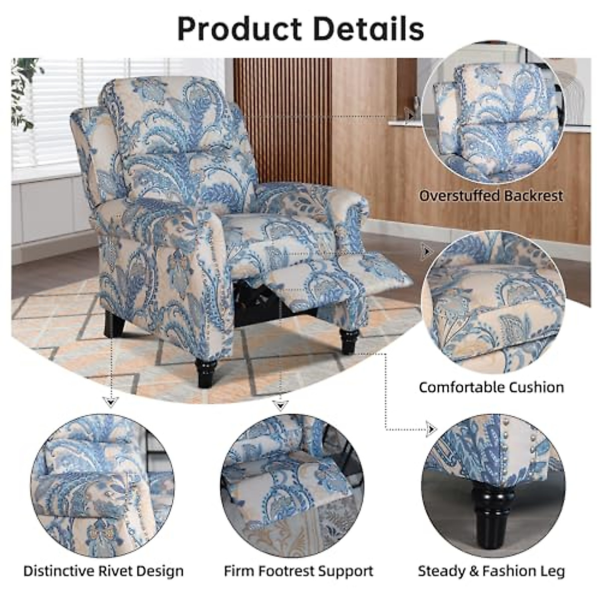 CANMOV Pushback Recliner Chair Faux Leather Armchair Push Back Recliner with Rivet Decoration Single Sofa Accent Chair for Living Room, Chocolate